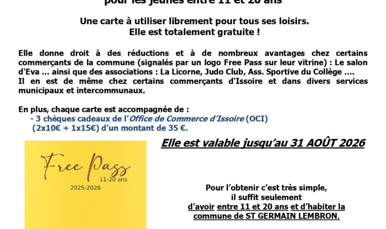 Carte Jeunes « FREE PASS » - Saint Germain Lembron